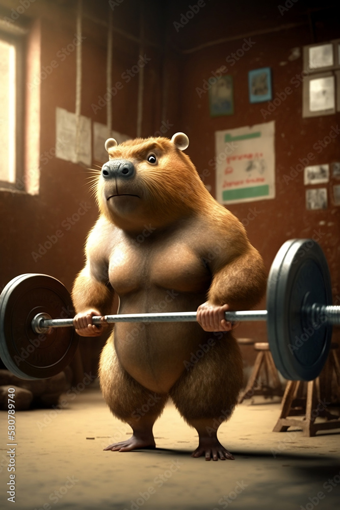 Strong and muscular Capybara strongman holds a barbell in his hands in ...