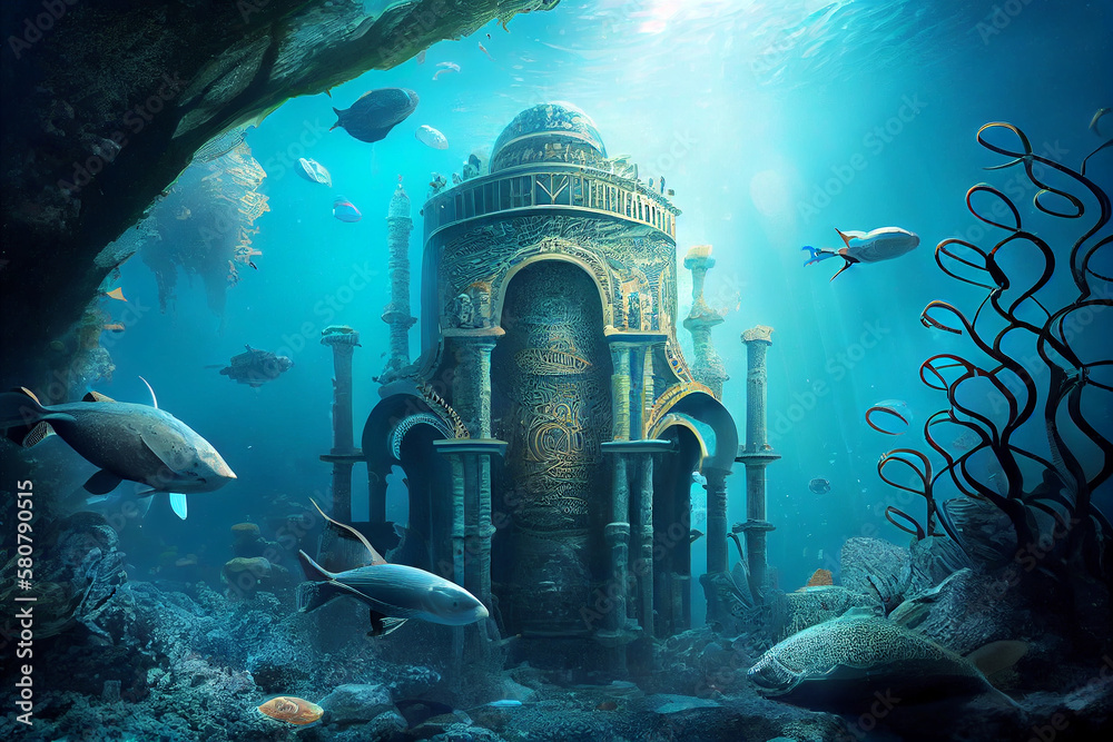 Mythical underwater city Atlantis, generative ai illustration depicting ...