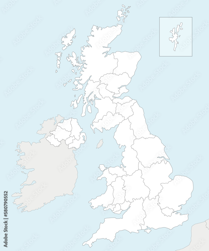 Vector blank map of UK with administrative divisions, and neighbouring ...
