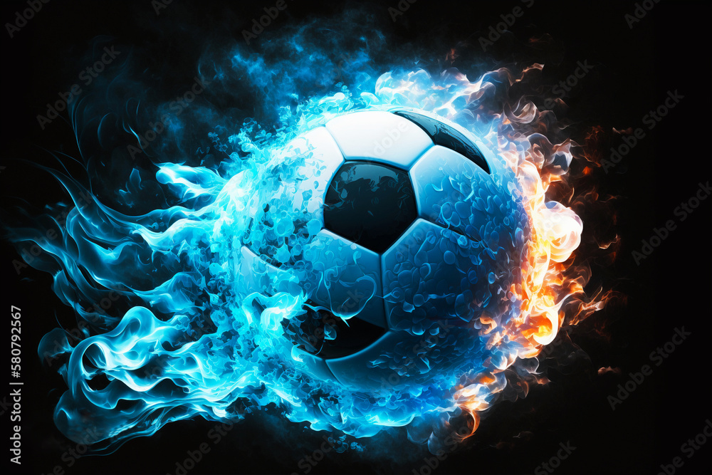 Soccer ball on fire. Very fast ball in action. Speed of light. Extreme ...
