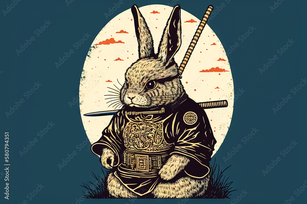 Rabbit samurai in traditional drawing style. Japanese styled art with ...