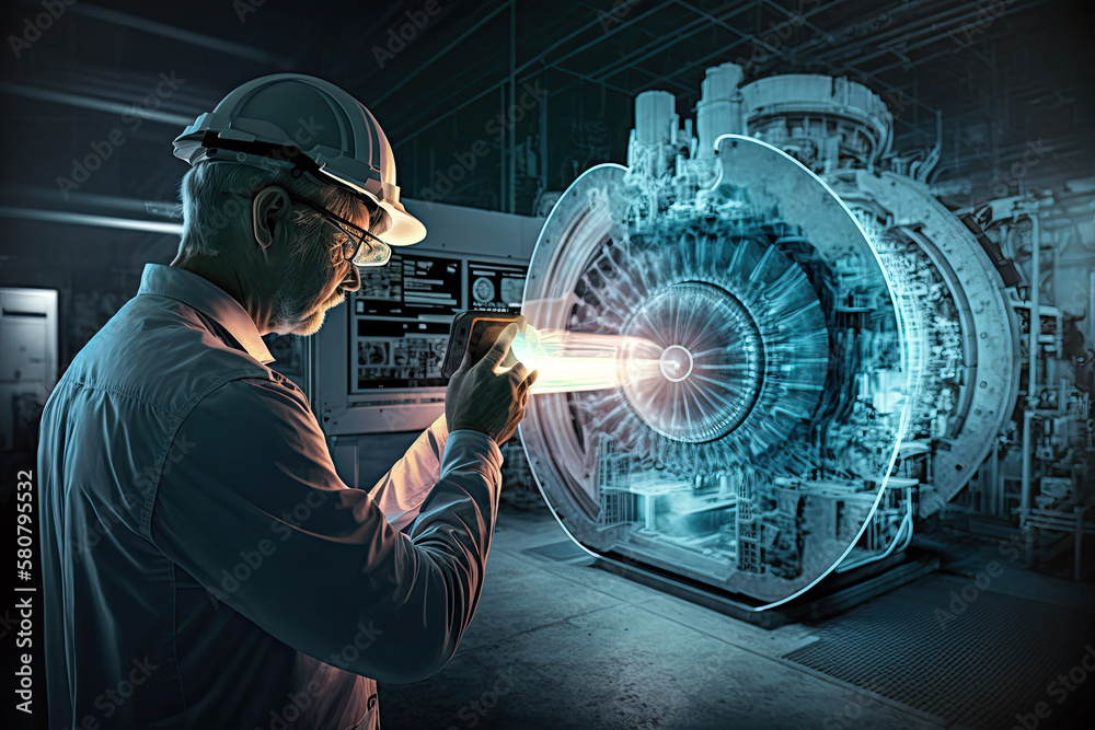 Generative Illustration AI of an engineer designing an engine with ...