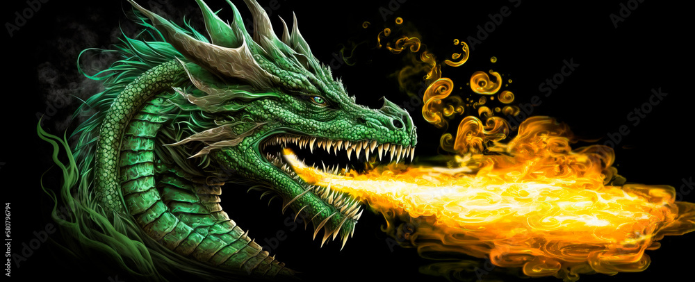 Green fire breathing dragon on black background. Image created with generative ai. Stock ...