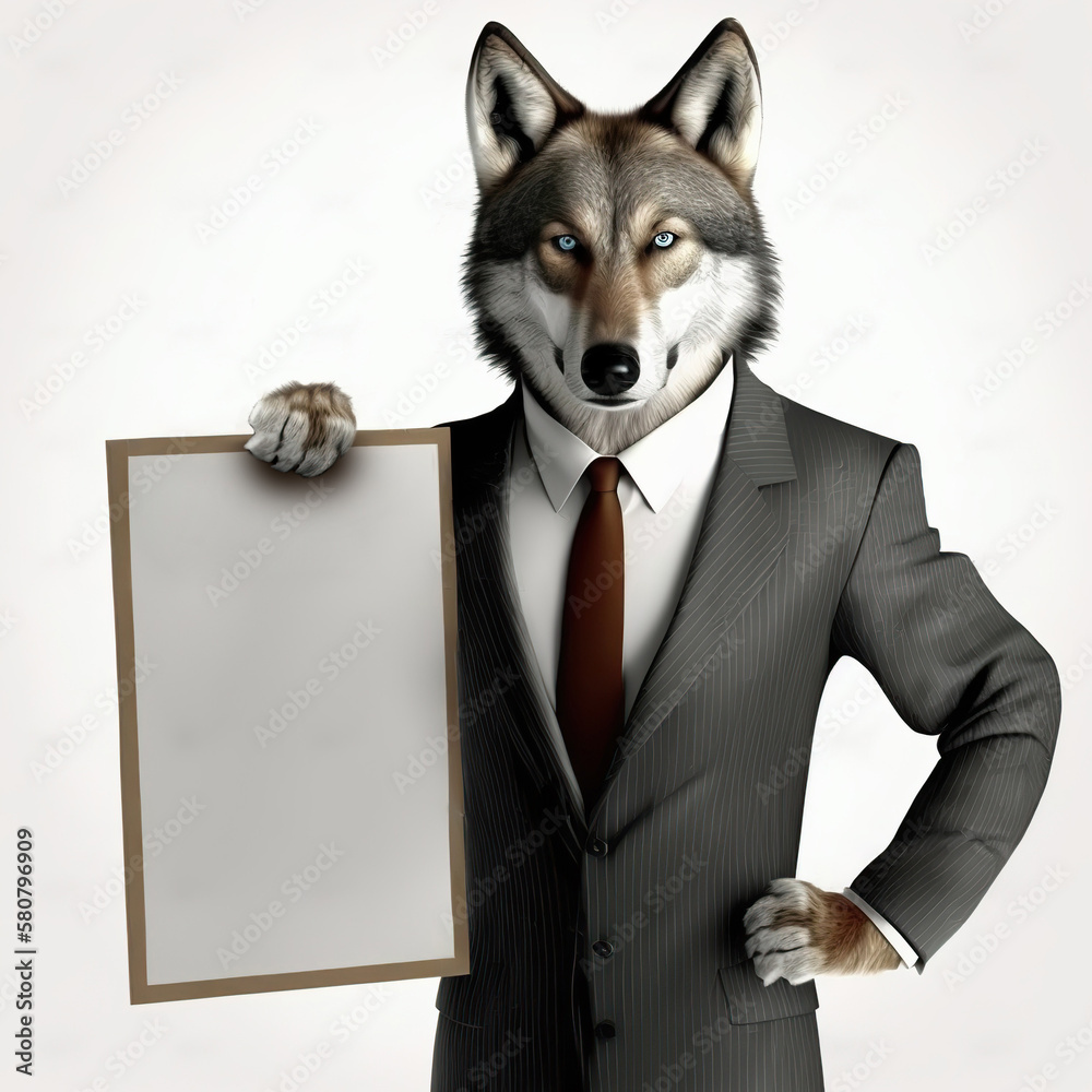 Grey wolf in business suite with empty clean sign board contain copy ...