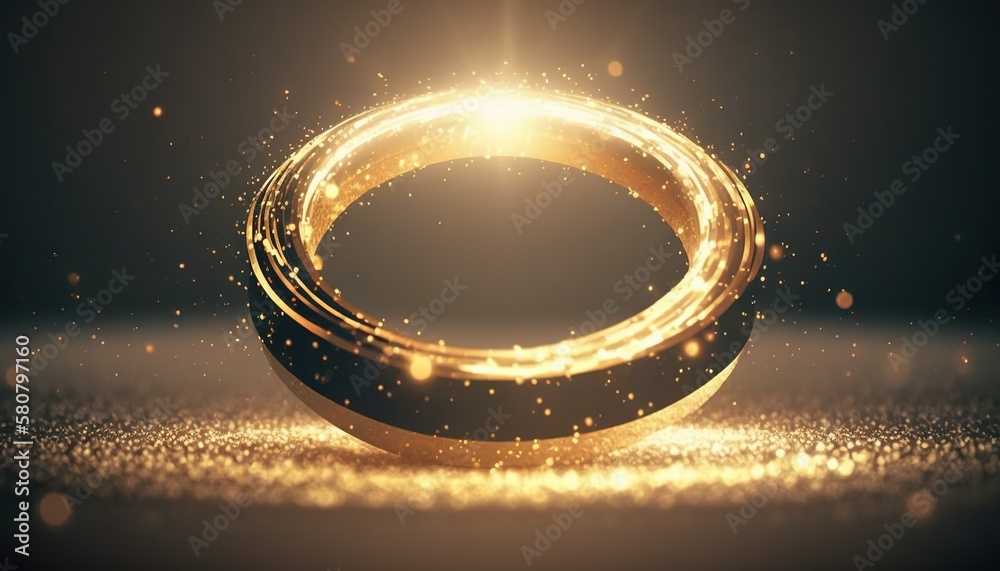 a shiny gold ring on a black background with a light shining in the ...