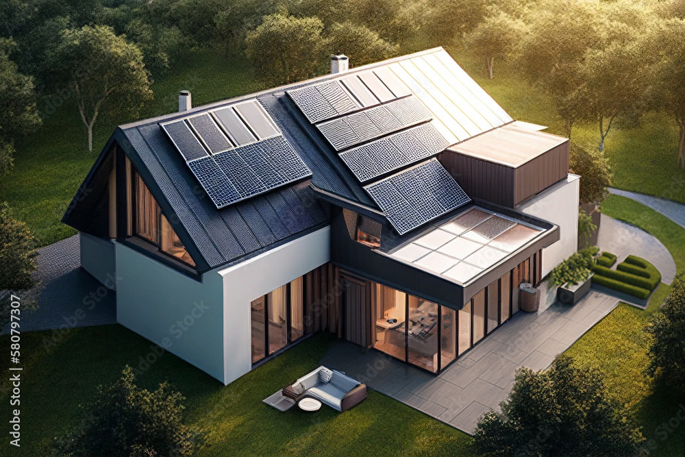 Beautiful house in forest at sunset, solar panels on roof, gererative ...