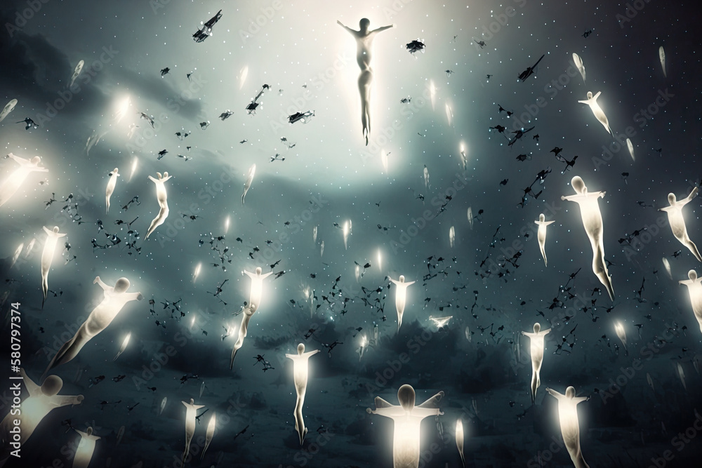 Levitating human souls in heaven. Astral body and after life concept ...