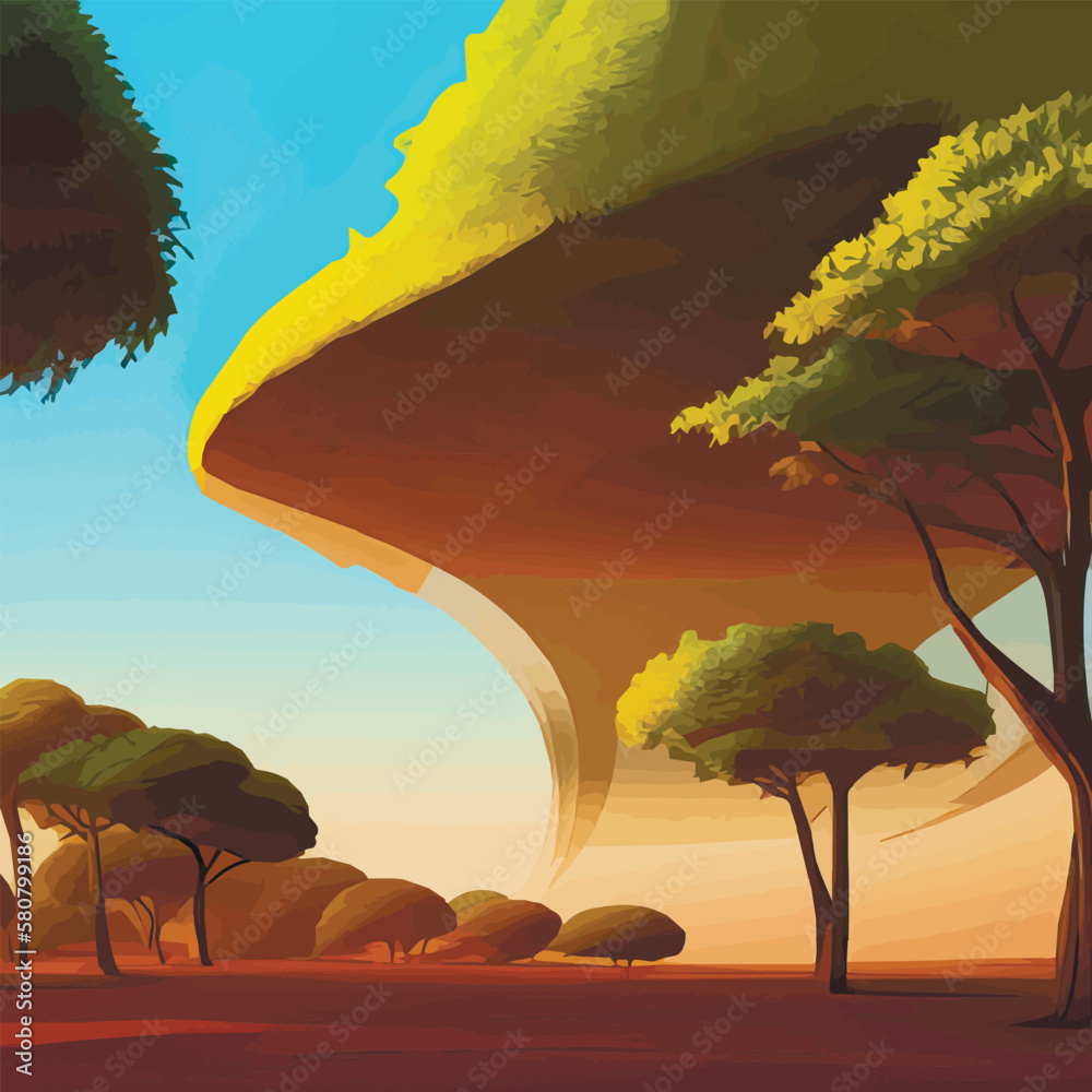 African savanna landscape, African wildlife cartoon with green trees ...