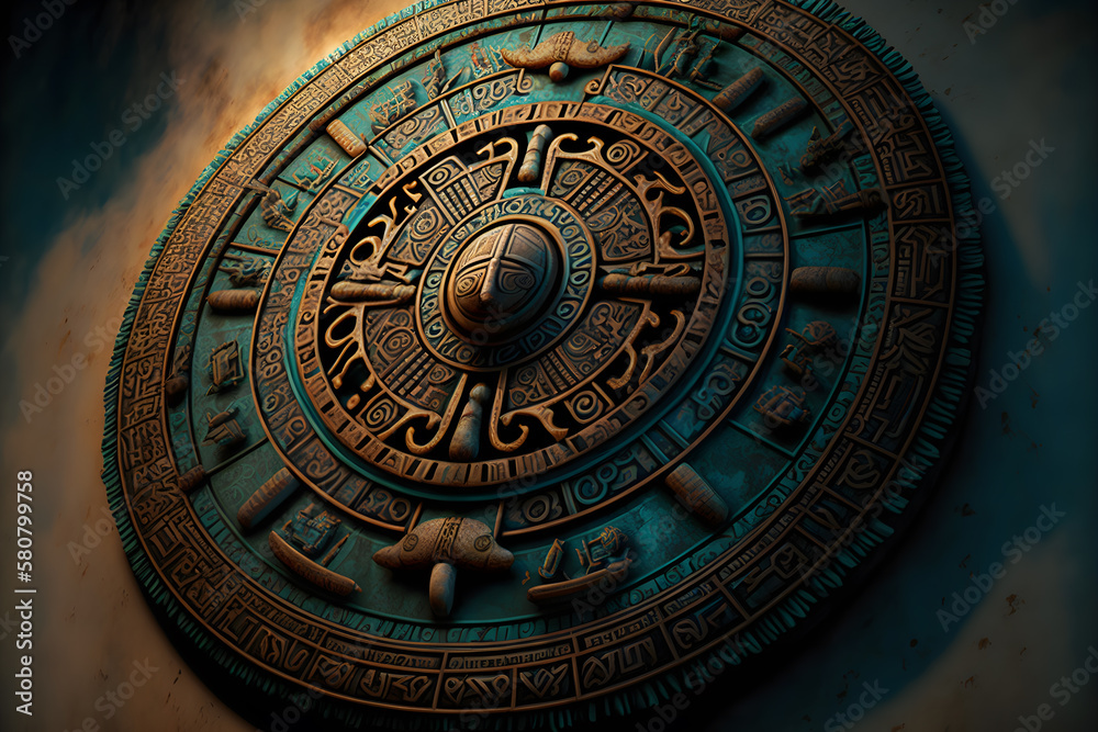 Close view of the ancient Aztec mayan calendar with round pattern and ...