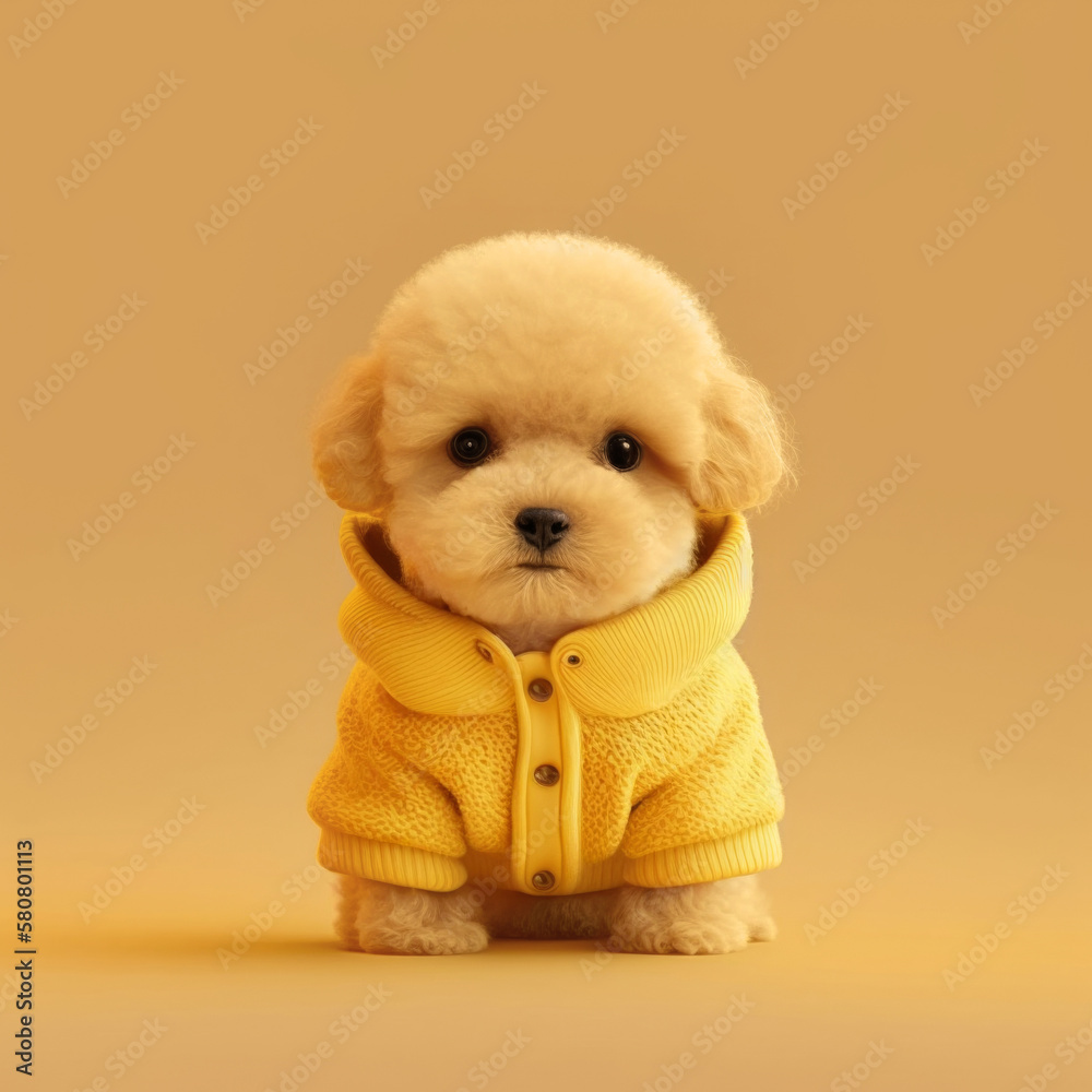 Cute fluffy maltipu puppy in yellow clothes on a yellow background ...