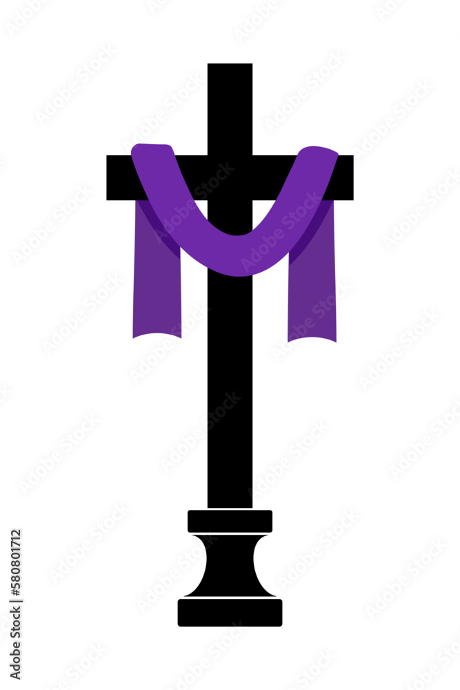 Christian cross with purple fabric icon. Holy Week symbol. Flat vector ...