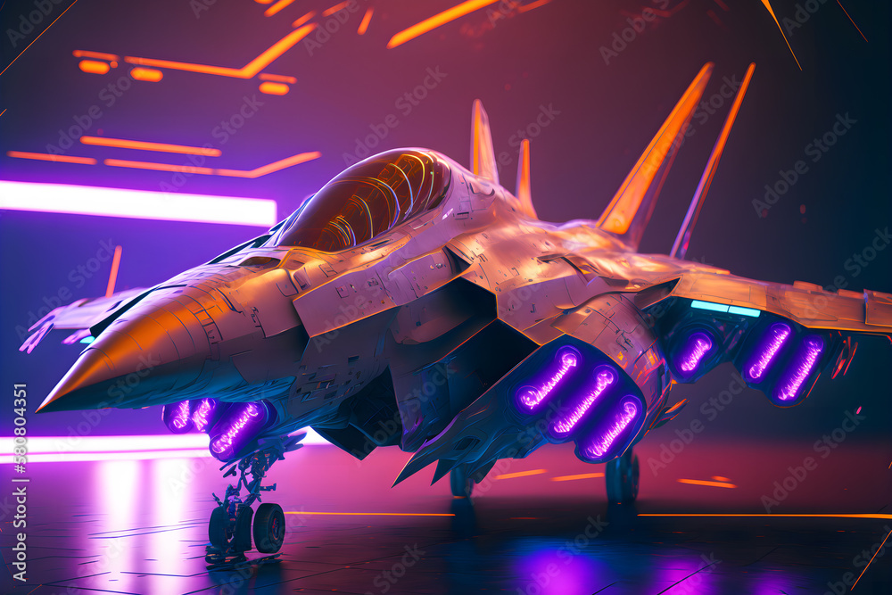 Modern futuristic destroyer jet in neon glowing light. Neural network ...