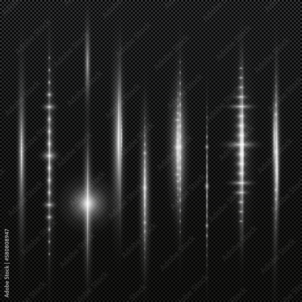 White vertical lens flares pack. Laser beams, horizontal light rays ...