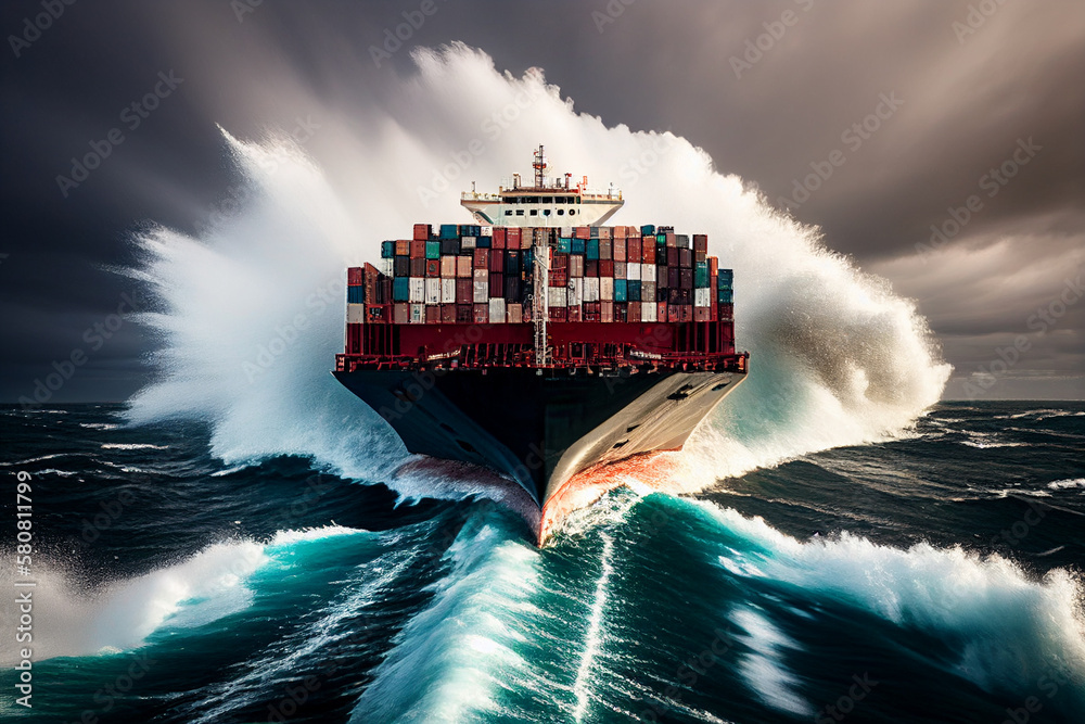 A loaded container cargo ship is seen in the front as it speeds over ...