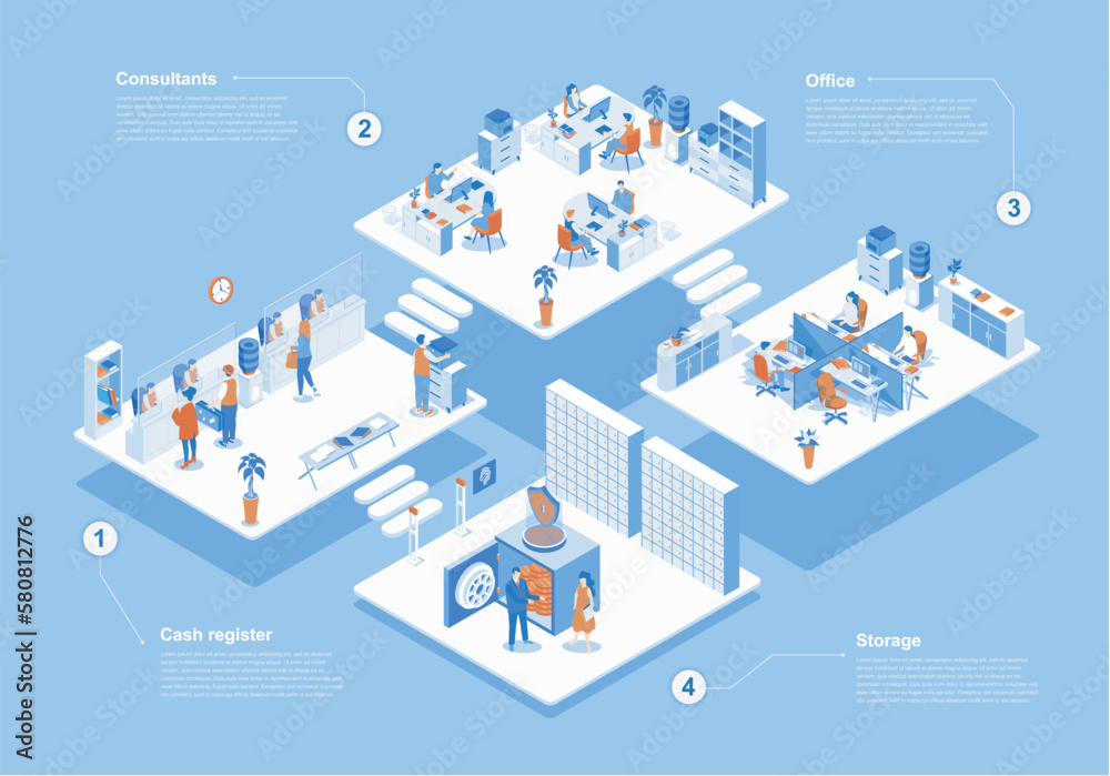 Bank concept 3d isometric web scene with infographic. People working at ...