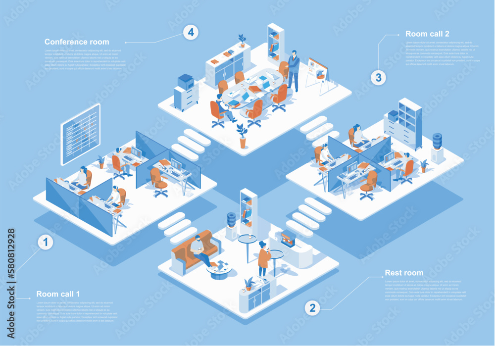 Call center concept 3d isometric web scene with infographic. People ...