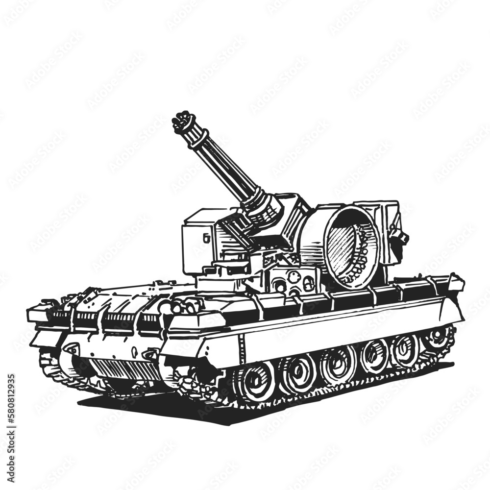 Self-propelled anti-aircraft gun hand graphic drawing. Military ...