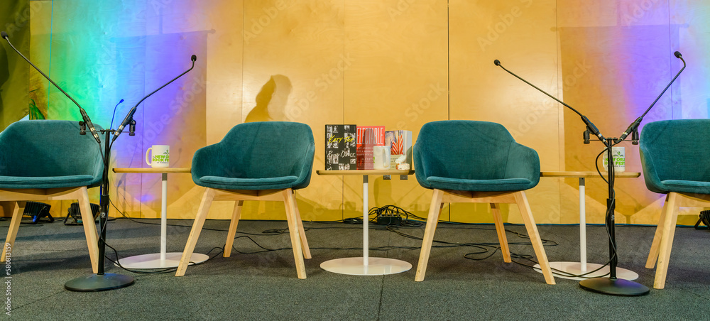 Stage Setup for Upcoming Interview of a Panel of Celebrity Authors with ...