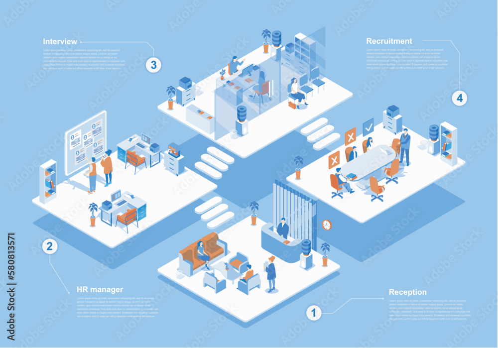 HR agency concept 3d isometric web scene with infographic. People wait ...