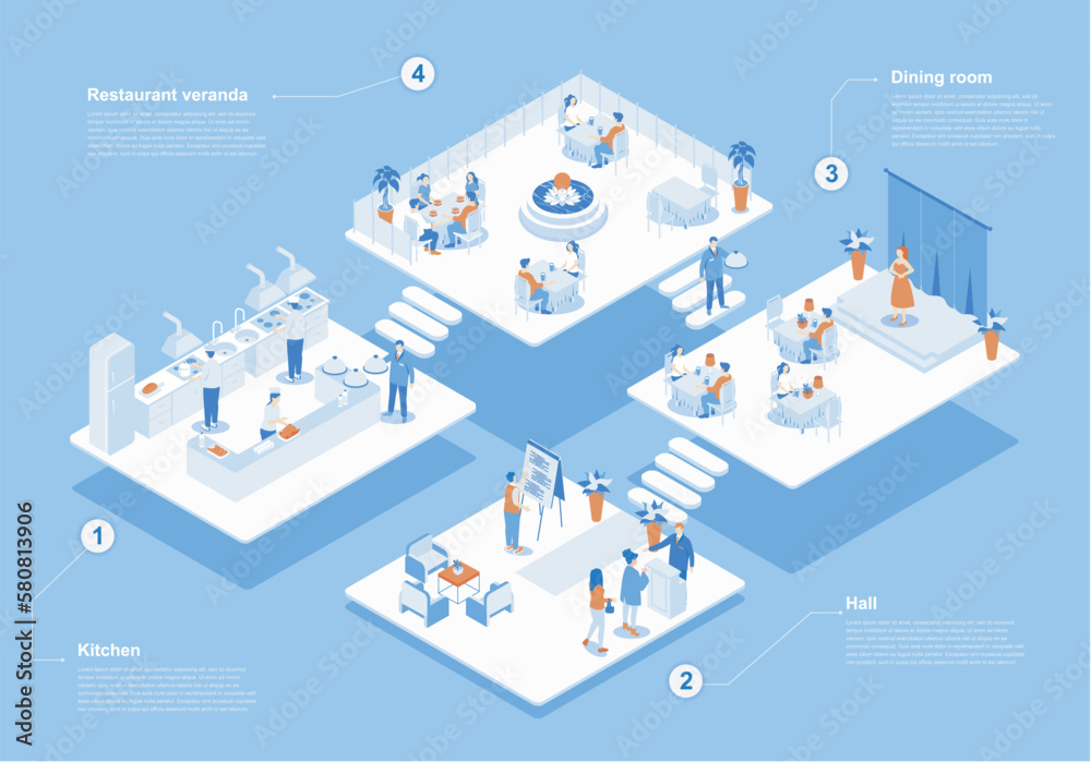 Restaurant concept 3d isometric web scene with infographic. People ...