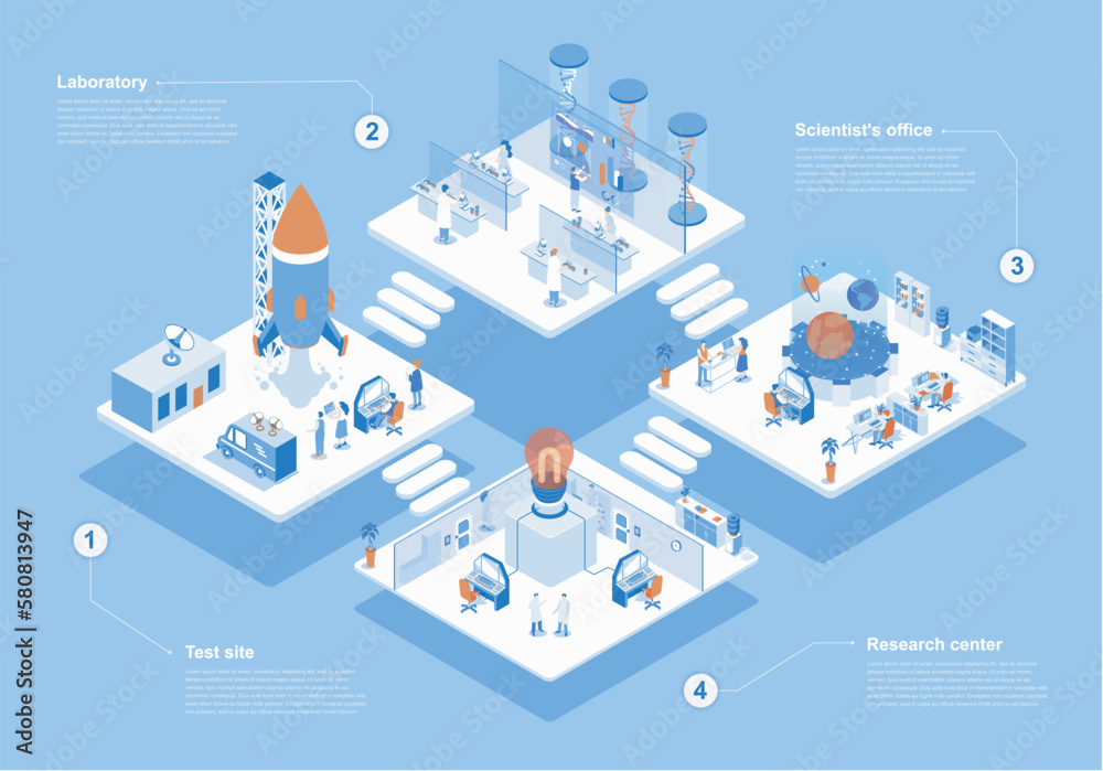 Science center concept 3d isometric web scene with infographic. People ...