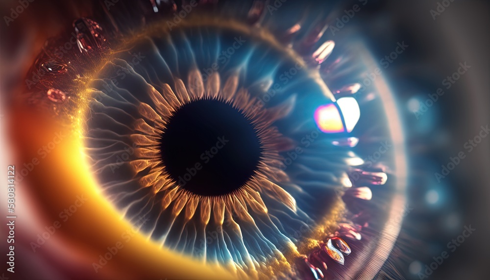 a close up of an eye with a black circle in the center of the iris of ...