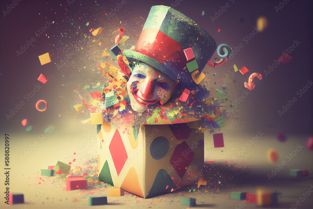Jack in the Box with confetti, jester hat. April fool day concept with ...