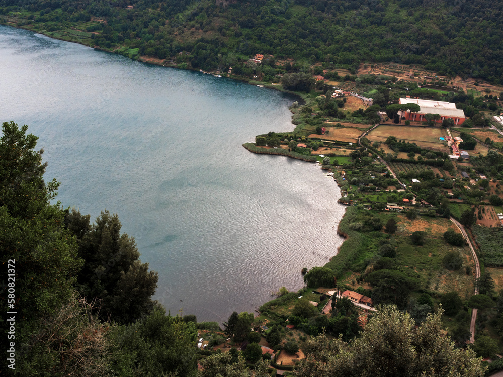 vast panorama from the top of the lake of Nemi, the city of one of the ...