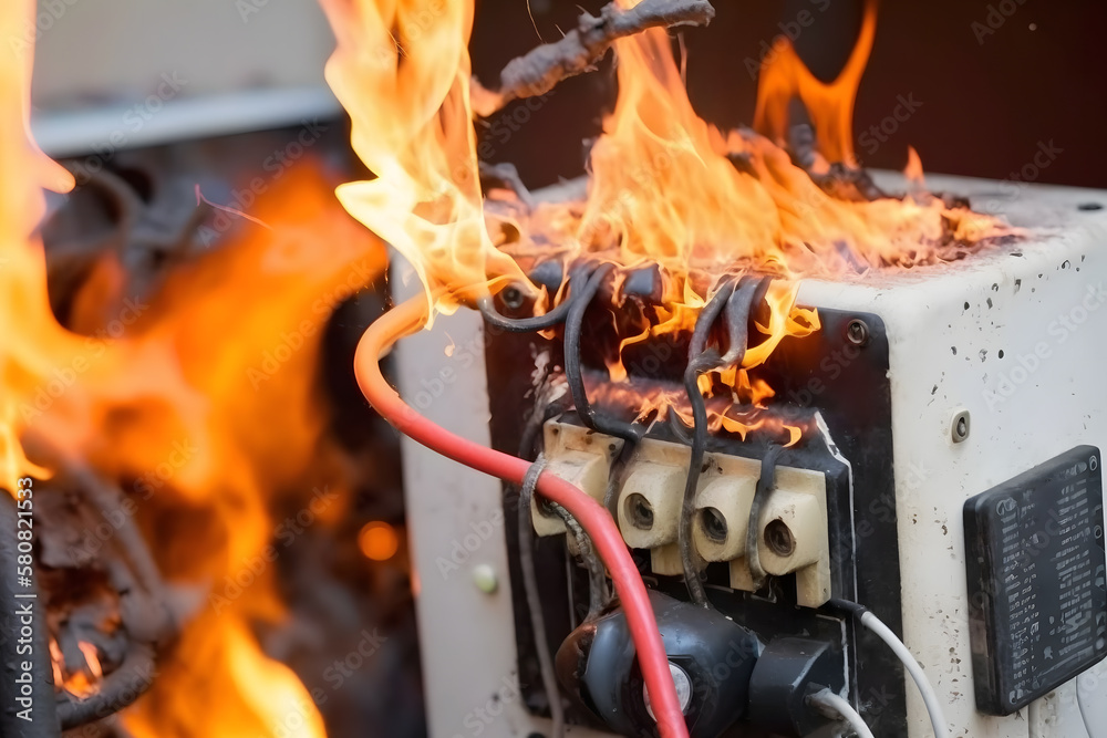 Burning switchboard from overload or short circuit on wall. Circuit ...