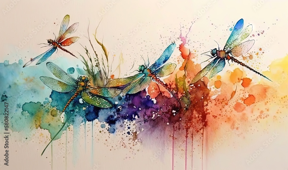 a painting of three dragonflies on a white background with watercolor ...