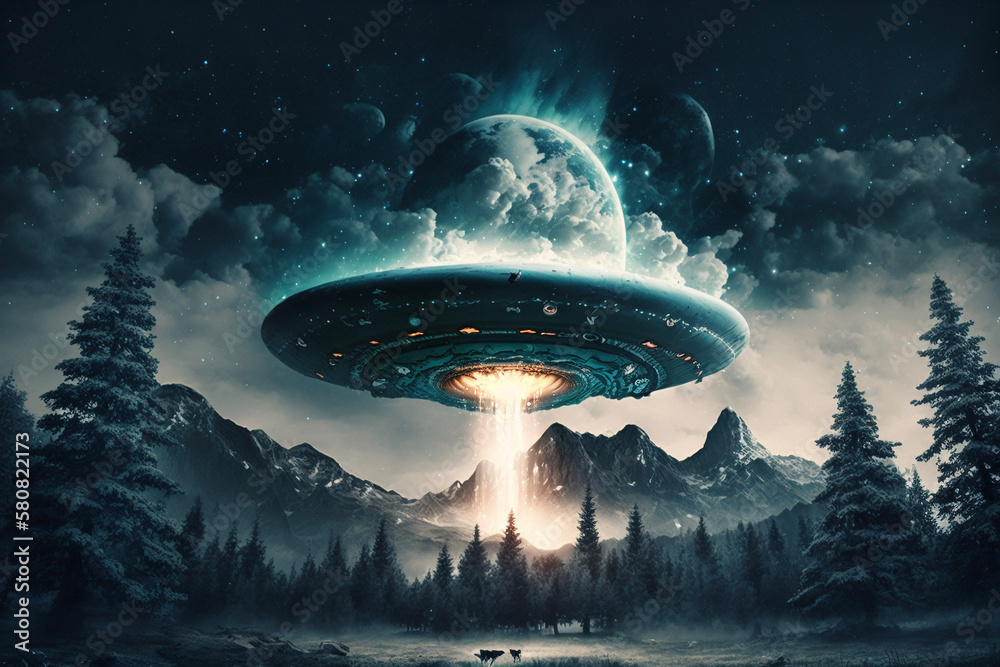 UFO Spaceship Flying Saucer Alien Beaming to Earth Landscape Smoke Clouds Space Generative AI ...