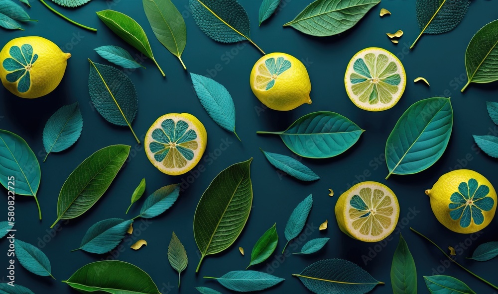 a group of lemons with green leaves on a blue background with a green ...
