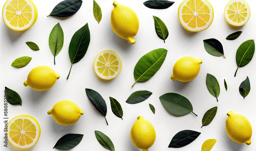 a group of lemons with leaves on a white background with a white ...