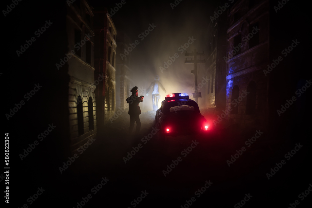 Police raid at night and you are under arrest concept. Silhouette of ...