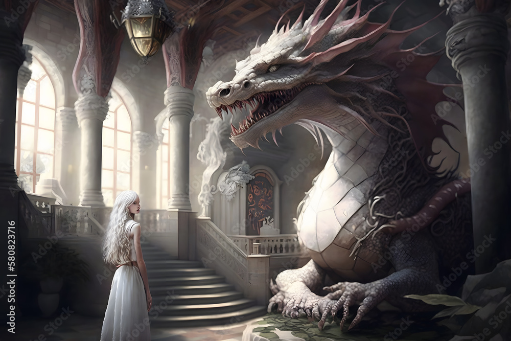 Fantasy princess and beautiful dragon in the castle. Neural network AI ...