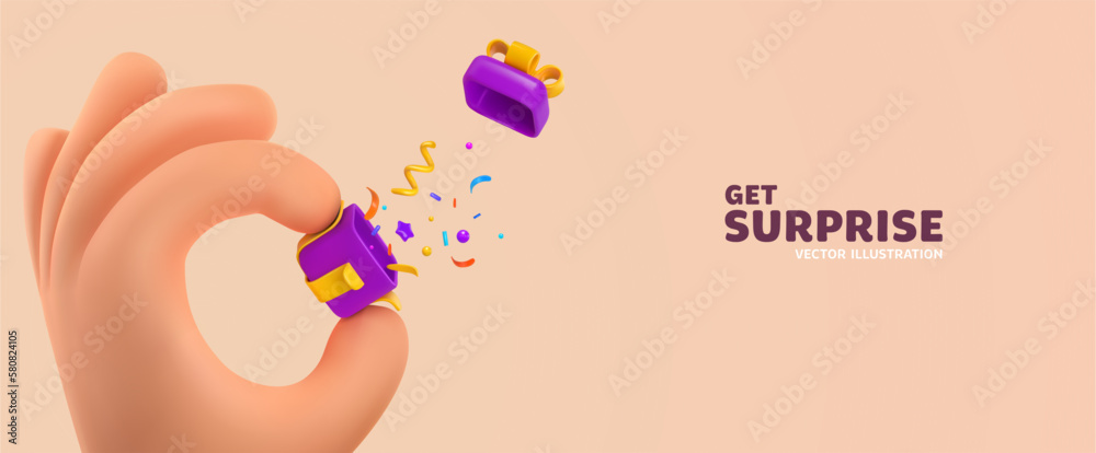 3d vector cartoon human hand holding gift box with explosion confetti ...