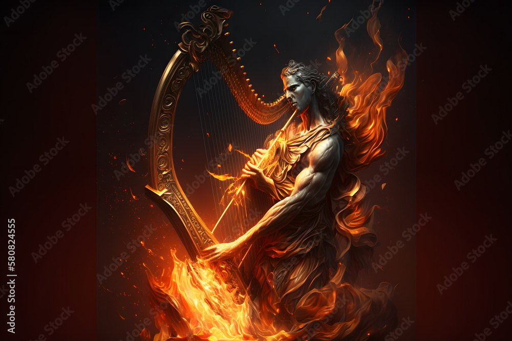 Beautiful Greek god plays the harp against the background of fire ...