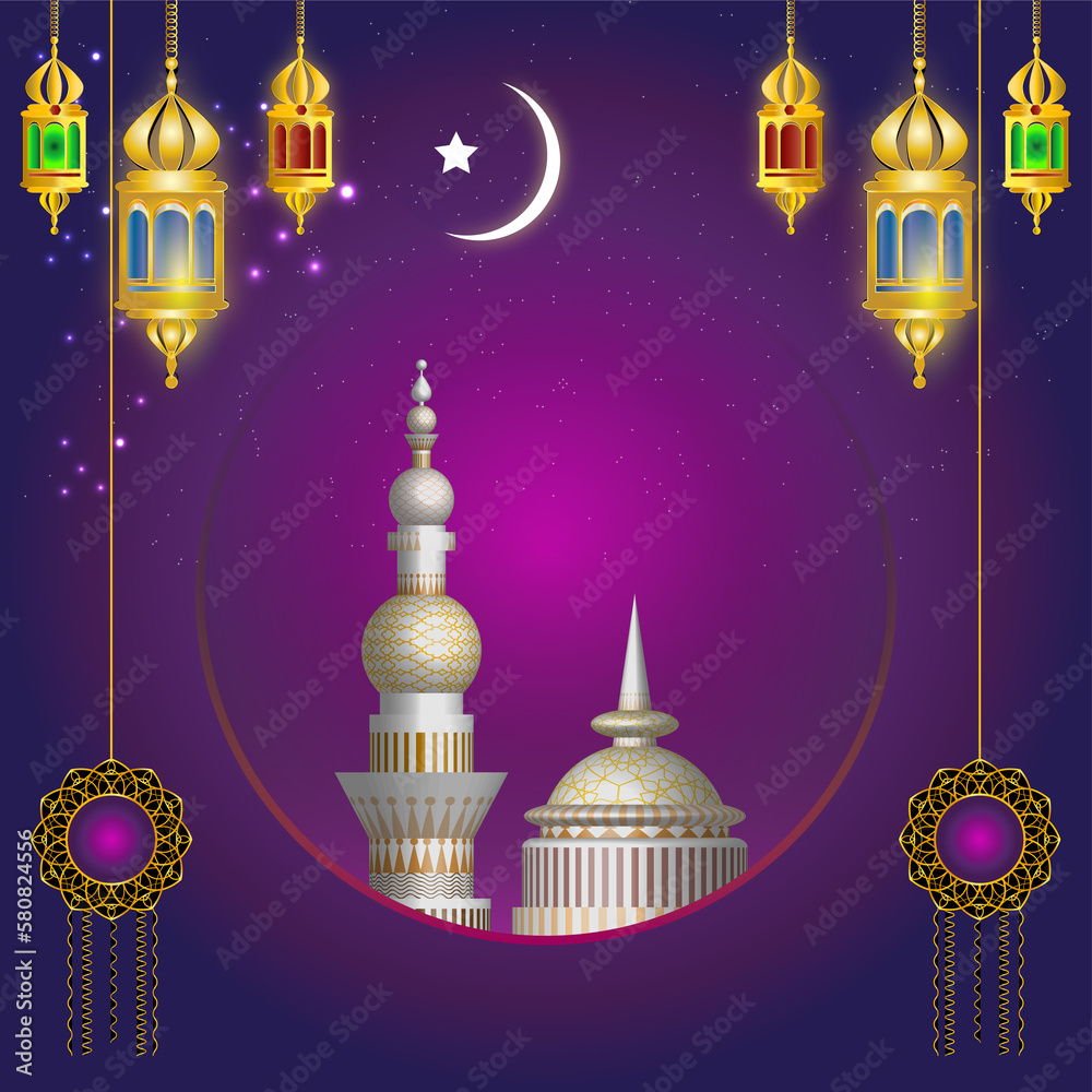 Blank Islamic decorative card background design with hanging lanterns ...