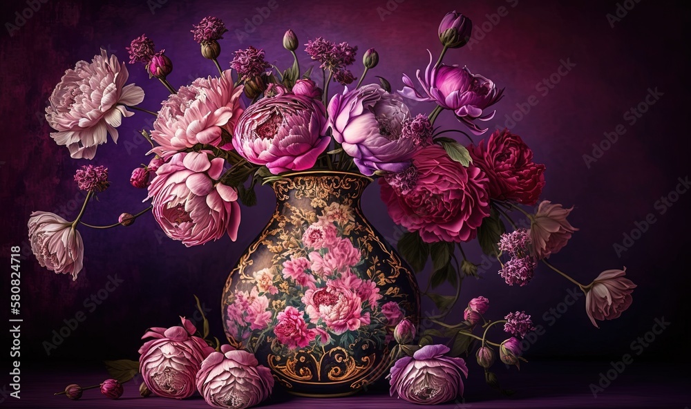 a painting of flowers in a vase on a purple background with a purple ...