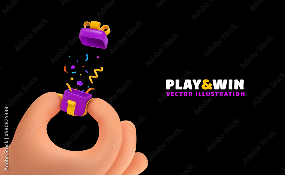Human hand holding gift box with explosion confetti vector cartoon ...