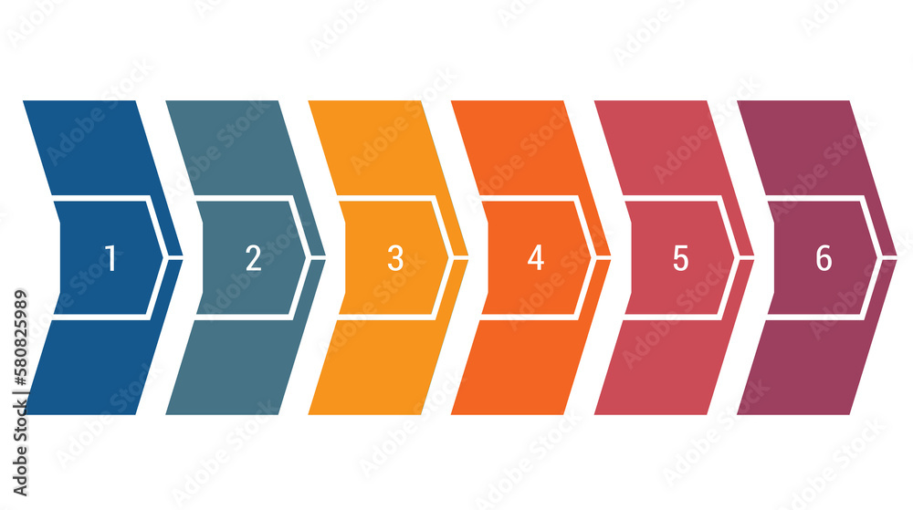 Horizontal numbered color arrows. Template infographics 6 positions ...