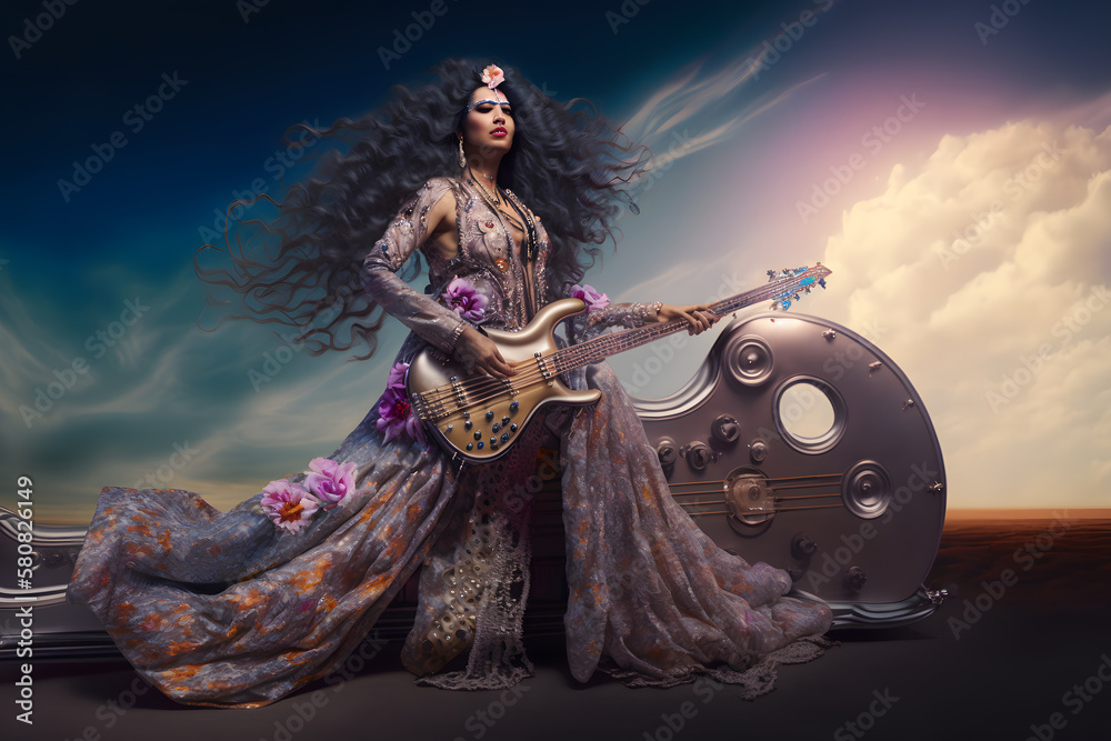 Beautiful rock star woman with electric guitar. Neural network AI ...