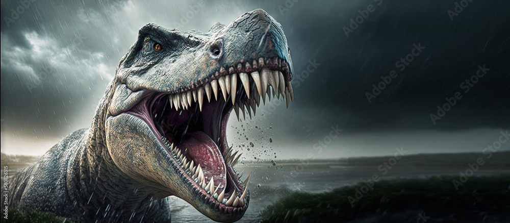Big aggressive T rex dinosaur in the rain mouth open roaring showing ...