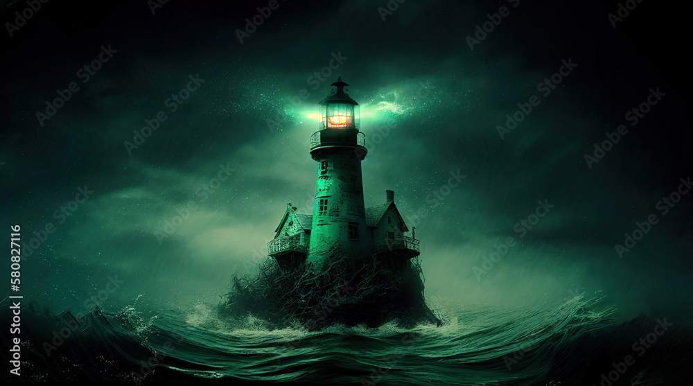 Old haunted lighthouse in the stormy sea at night, on a tiny island ...
