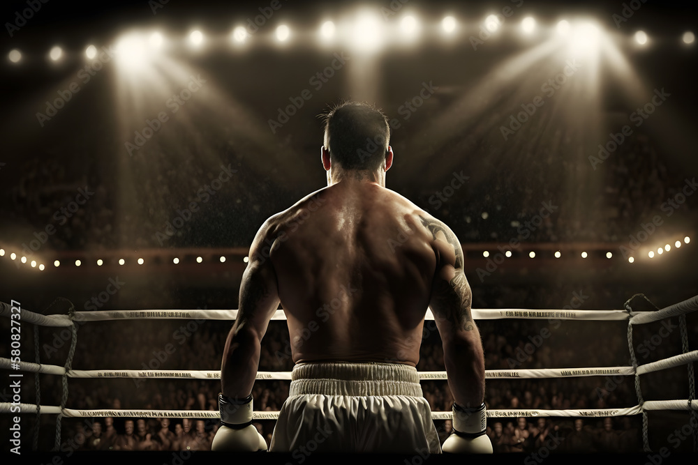 Professional boxer fighting on the grand arena panorama view. Neural ...