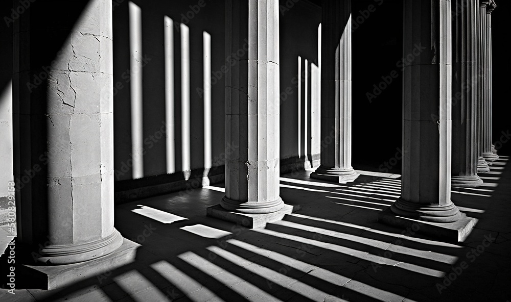 a black and white photo of a row of columns with the sun shining ...