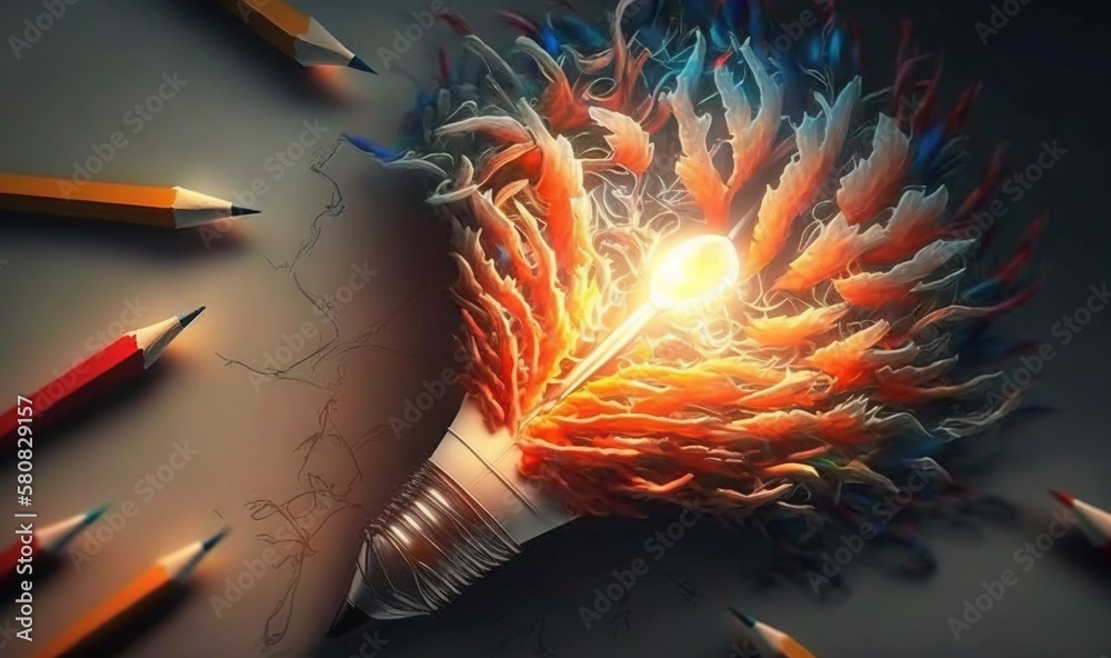 a pencil drawing of a light bulb surrounded by colored pencils on a ...
