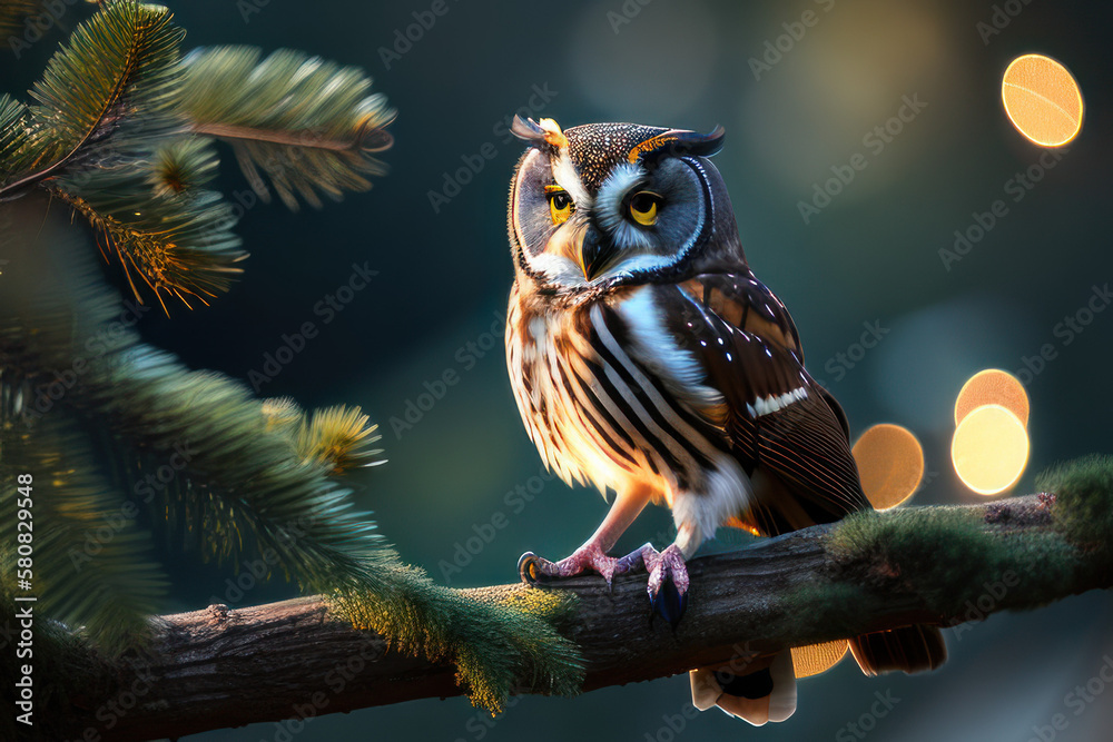 Sparrow owl in winter coniferous forest on the snowy branches of a fir ...