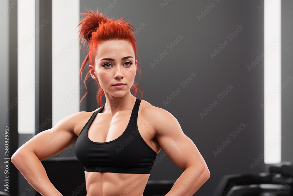 Beautiful sexy muscular young brunette woman in bikini posing in the gym. Generative AI Stock ...