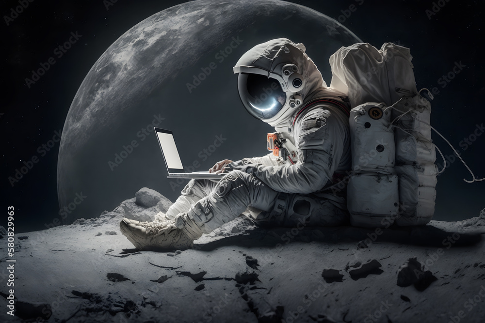 Illustrazione Stock Astronaut in outer space working on a laptop ...